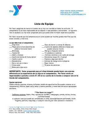 Fillable Online Camp Ymca Lista De Equipo YMCA Overnight Camping