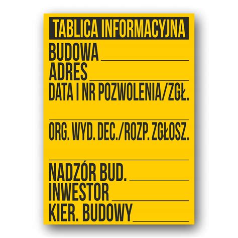 Budowlana Tablica Informacyjna na budowę 50x70cm PCV 1mm 5szt zestaw