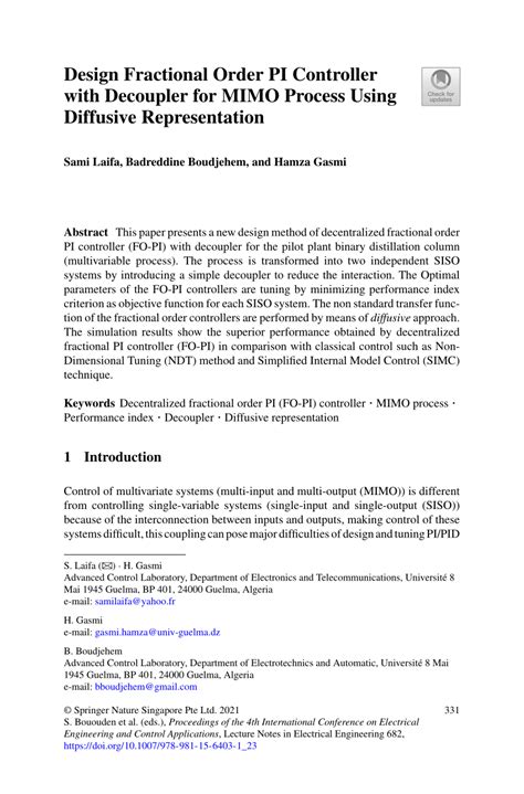 pdf design fractional order pi controller with decoupler for mimo process using diffusive