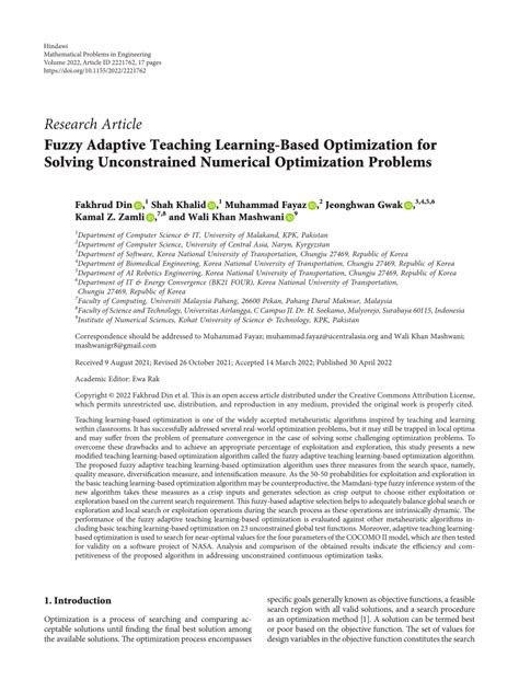 pdf fuzzy adaptive teaching learning based optimization for solving unconstrained numerical