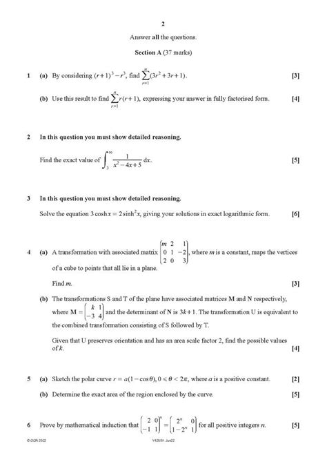 ocr a level further mathematics b mei y420 01 core pure question paper june 2022 in 2022