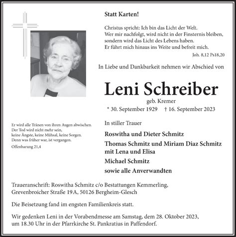 Traueranzeigen Von Leni Schreiber WirTrauern