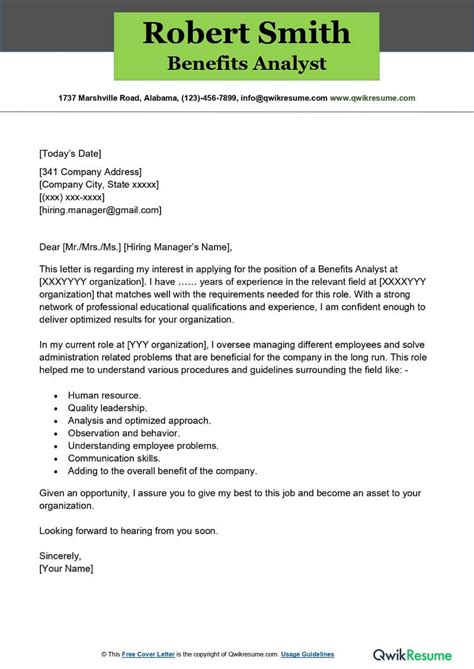 Benefits Analyst Cover Letter Examples QwikResume