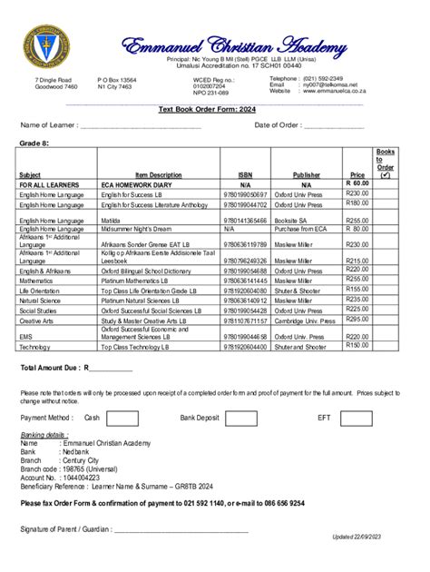 Fillable Online Emmanuelca Co Text Book Order Form 2024Grade 8 Fax