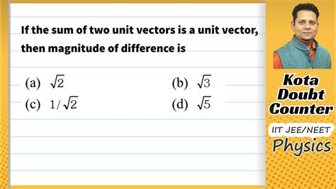 if the sum of two unit vectors is a unit vector then magnitude of difference is youtube