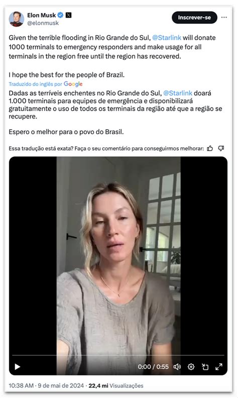 Musk compartilha vídeo de Gisele Bündchen e anuncia doação ao RS