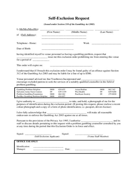 Fillable Online Self Exclusion Request Fax Email Print PdfFiller
