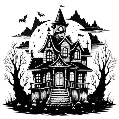 Haunted House In Moonlight With Bats And Bare Trees Spooky Halloween