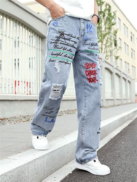 Manfinity EMRG Homens Algodão Gráfico de Slogan Rasgado Jeans Reta