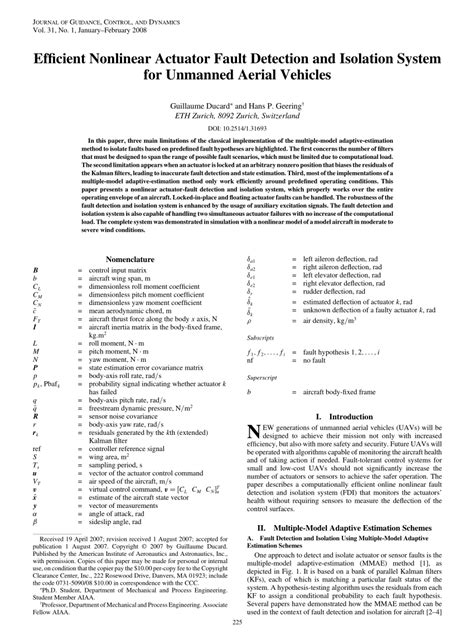 pdf efficient nonlinear actuator fault detection and isolation system for unmanned aerial vehicles