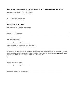 Fillable Online MEDICAL CERTIFICATE OF FITNESS FOR COMPETITIVE Fax