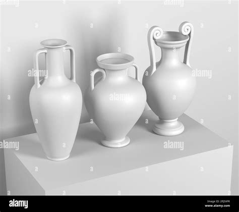 Three Ancient Greek White Vases Without Drawings Or Ornaments Stand On