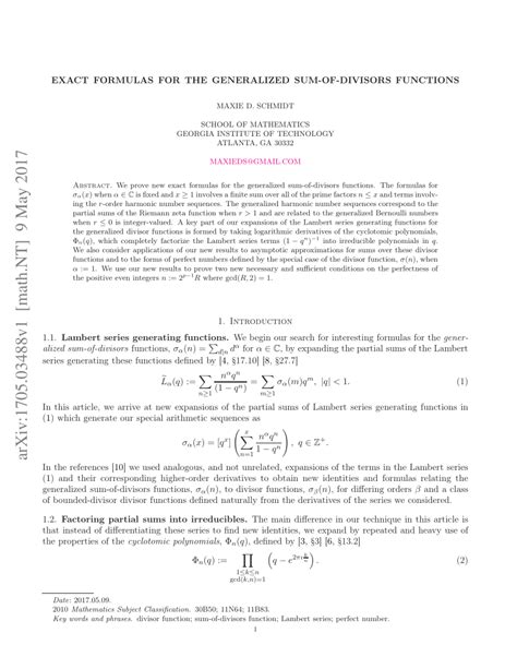 pdf exact formulas for the generalized sum of divisors functions
