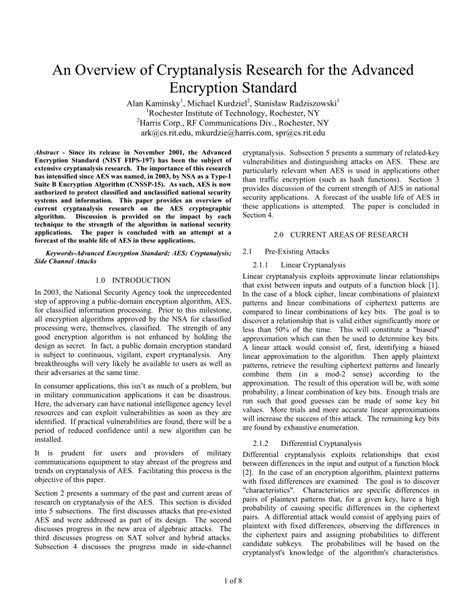 pdf an overview of cryptanalysis research for the advanced encryption standard