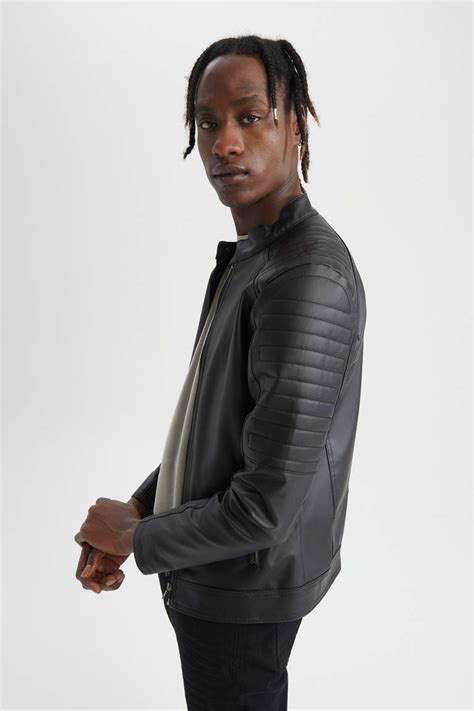 Black Man Slim Fit Faux Leather Faux Leather Jacket Defacto