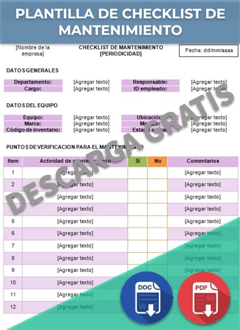 Checklist De Mantenimiento Ejemplos Formatos Word Excel