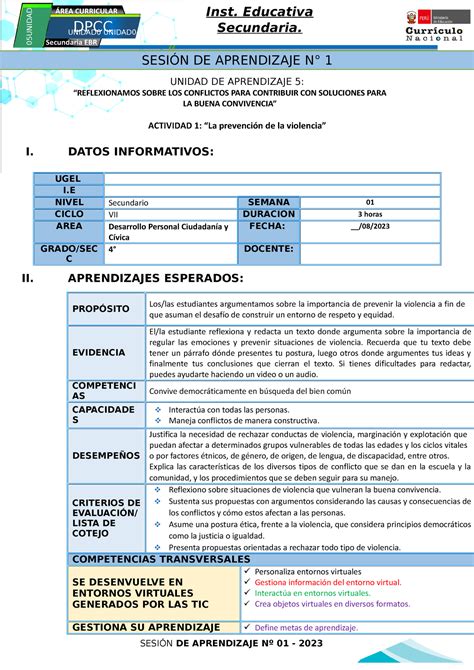 4º DPCC SES 1 UNI 5 SEM 01 UNIDAD0 UNIDAD SESIÓN DE APRENDIZAJE N