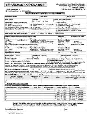 Fillable Online Head Start Early Head Start Enrollment Application