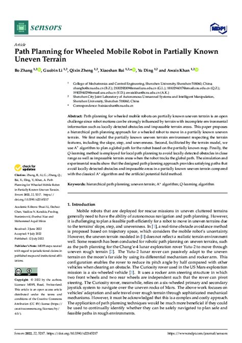 pdf path planning for wheeled mobile robot in partially known uneven terrain xiaoshan bai