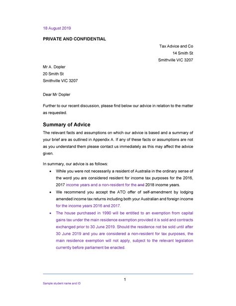 Sample Letter Of Advice 1 18 August 2019 PRIVATE AND CONFIDENTIAL Tax