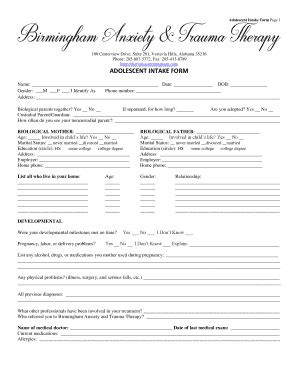 Fillable Online Adolescent Intake Form Page Fax Email Print Pdffiller