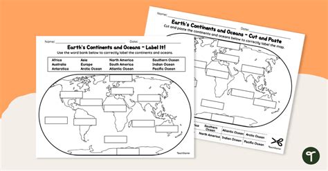 Labeling The Continents And Oceans Worksheets Teach Starter