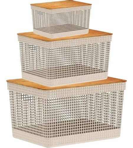 Kit De Cajas Organizadoras Con Tapa De Bamb Cestas Huecas Multiusos