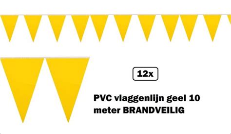 12x Vlaggenlijn Geel 10 Meter Pvc BRANDVEILIG Carnaval Thema Feest