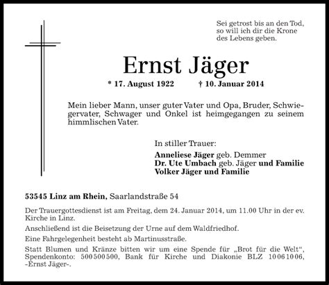 Traueranzeigen von Ernst Jäger rz trauer de