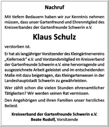 Traueranzeigen Von Klaus Schulz Trauer Nordkurier