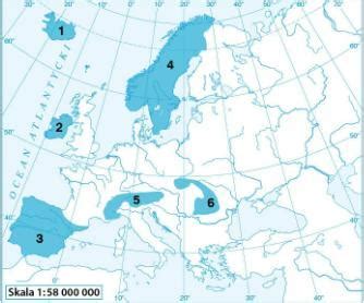 Na mapie konturowej Europy zaznaczono dwie wyspy dwa półwyspy i dwa