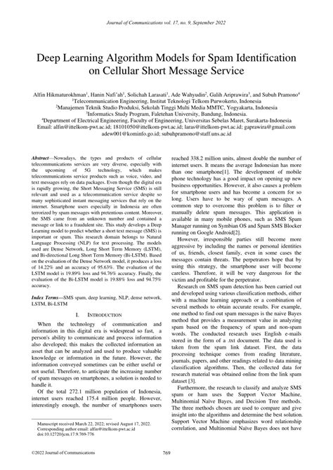 pdf deep learning algorithm models for spam identification on cellular short message service