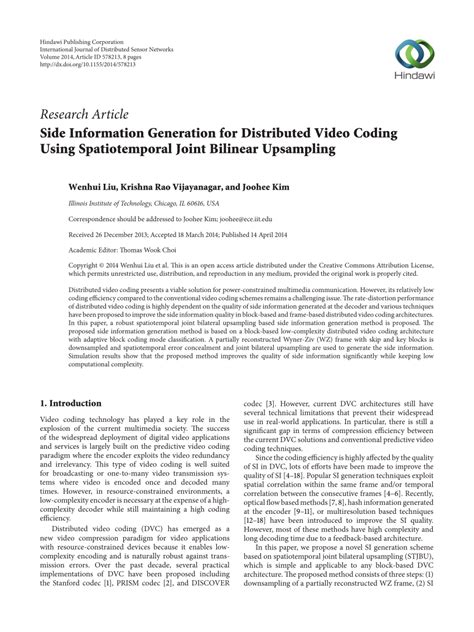 pdf side information generation for distributed video coding using spatiotemporal joint