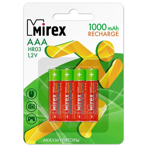 Аккумулятор Mirex Ni MH HR03 AAA 1000mAh 1 2V 4 шт ecopack 23702