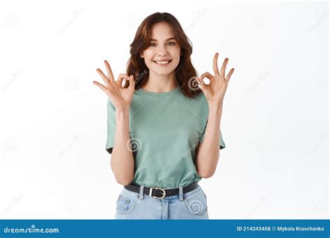 Super Good Smiling Satisfied Girl Praising And Complimenting Choice