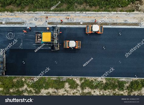 3 Aerial View Construction Site Laying New Asphalt Pavement Highway