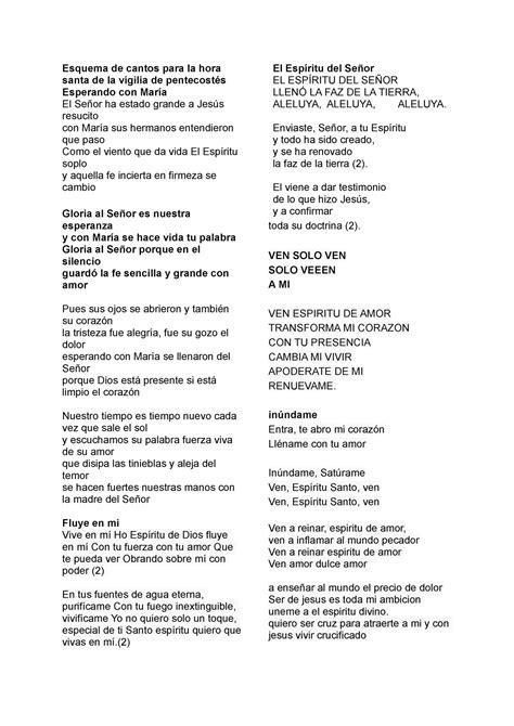 Vigilia Pentecostes Esquema Esquema De Cantos Para La Hora Santa De