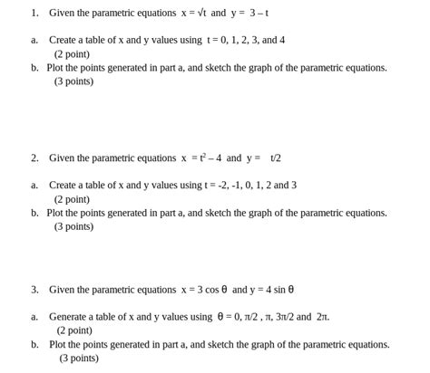solved 1 given the parametric equations x vt and y 3 t