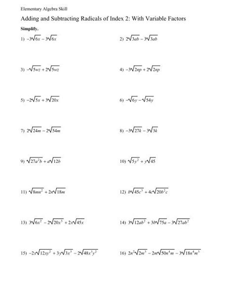 adding and subtracting radicals worksheet math 10 and 11 multiplying dividing radicals