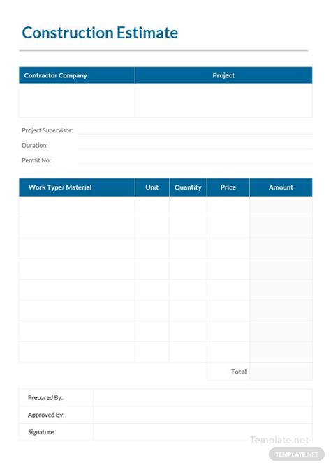 The Construction Estimiate Form Is Shown In Blue