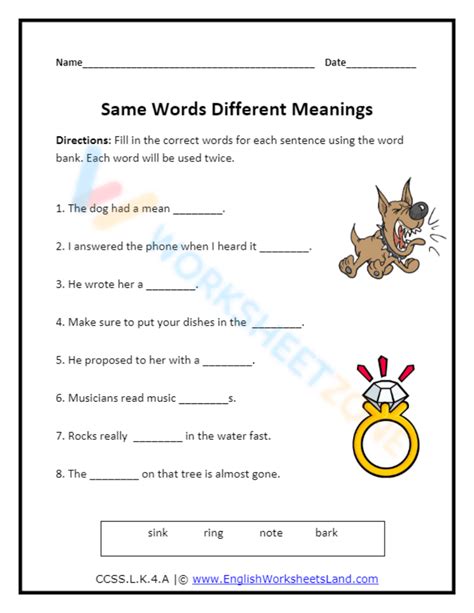 Free Multiple Meaning Words Worksheets For Teaching