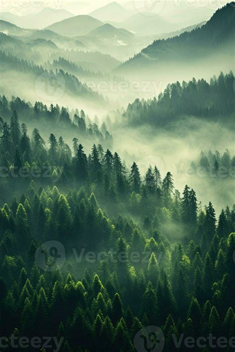 Generative AI Misty Fir Forest Beautiful Landscape In Hipster Vintage