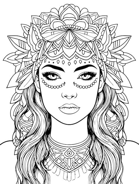 Ausmalbilder für Erwachsene Mandala Frauen 4 Premium Vektor