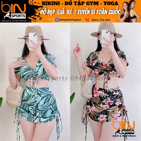 Bikini bộ đồ bơi nữ 2 mảnh áo crop ngắn tay quần giả váy dây rút nhiều