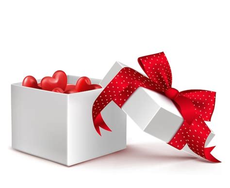 Realistische weiße 3d geschenkbox mit ballonherzen in roter schleife
