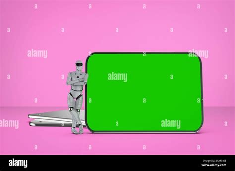 3d Rendering Artificial Intelligence Cyborg Or Robot With Blank Screen