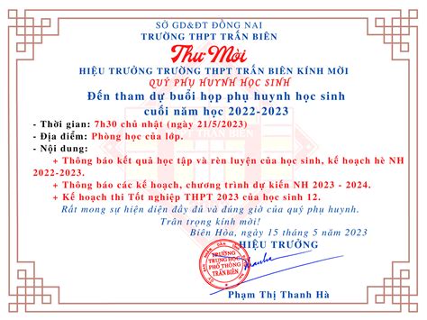 Thư mời họp phụ huynh học sinh cuối năm học 2022 2023 THPT Trấn Biên