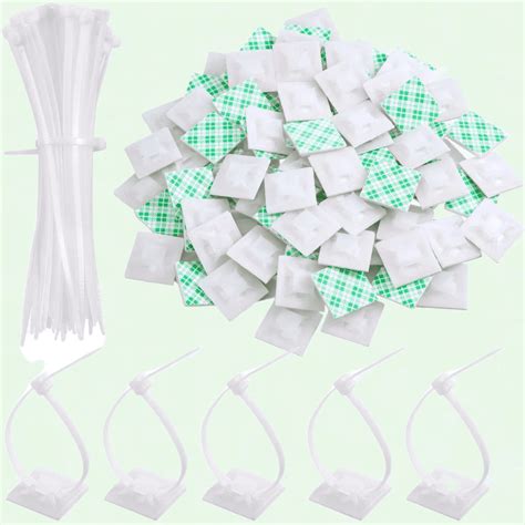 100 Pack Cable Tie Adhesive Mounts With Multi Purpose Cable Tie White