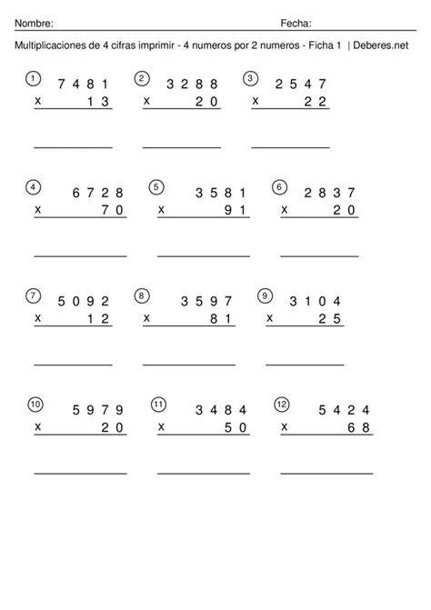 Multiplicaciones De 4 Cifras En Pdf Para Imprimir