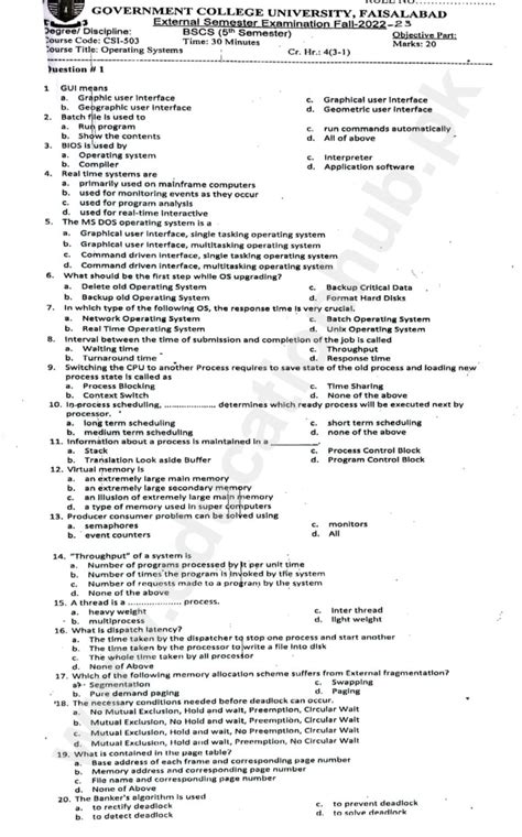 Operating Systems Bscs Gcuf Past Paper Education Hub